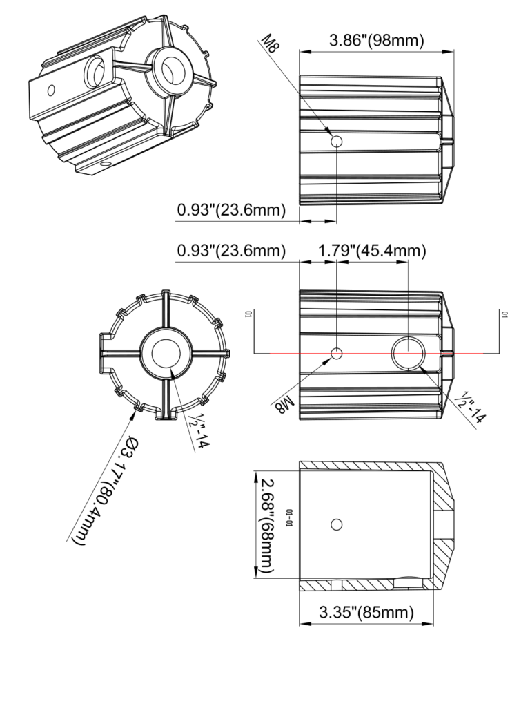 Round Tenon Reducer 2-3/8" to 1/2" NPT Hub Slipfitter Adaptor