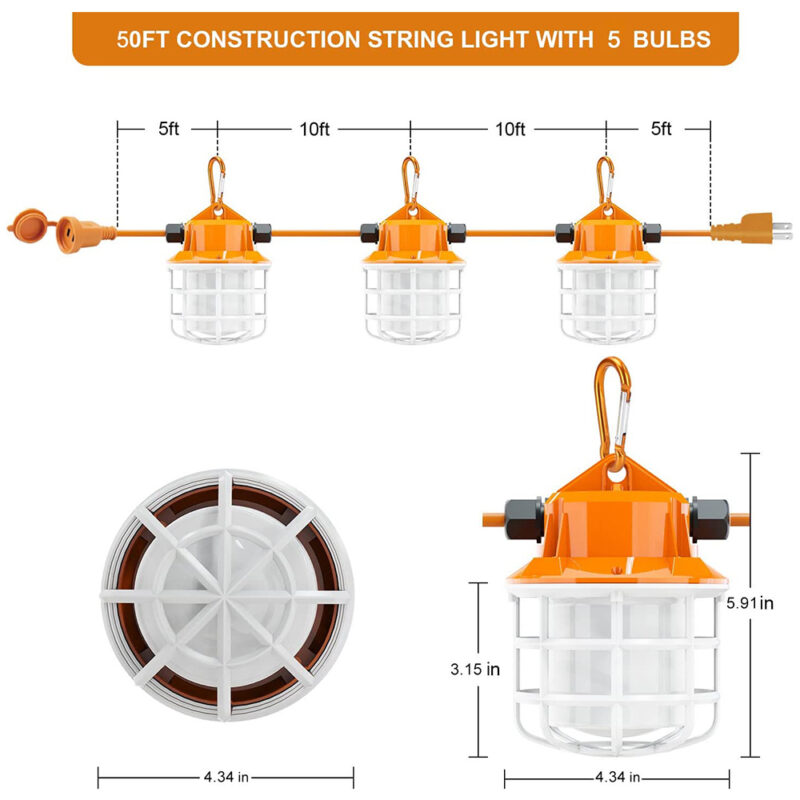 50ft 50W 5000K Daylight 5000LM LED Construction String Lights